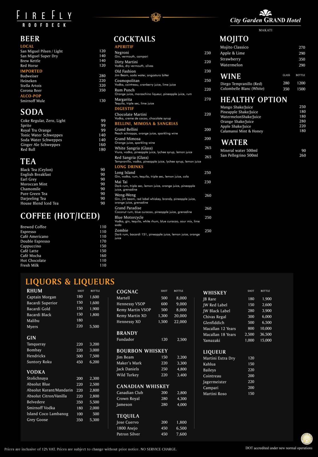 Menu at Firefly Roofdeck Restaurant, Makati, Makati