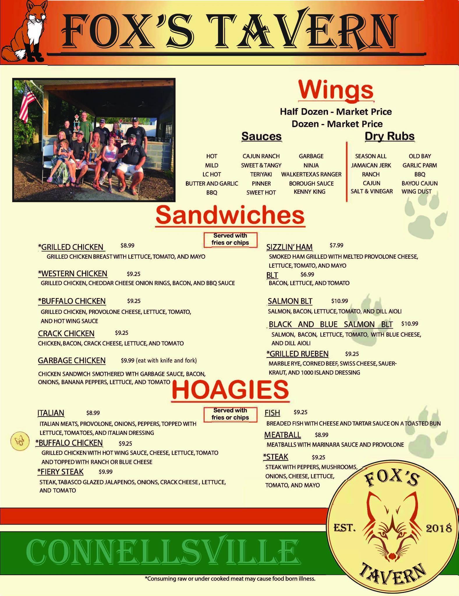 Menu at Fox’s Tavern pub & bar, Connellsville