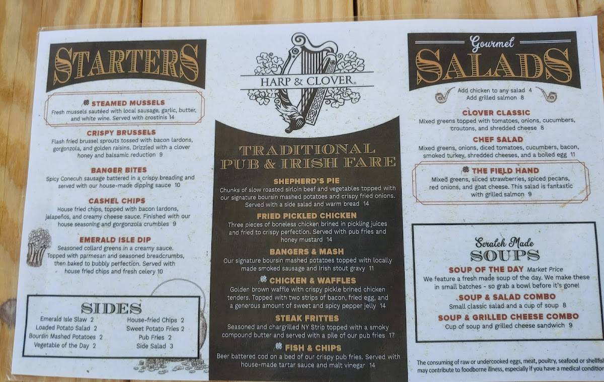 Menu at Harp & Clover, "The Clover" pub & bar, Gadsden