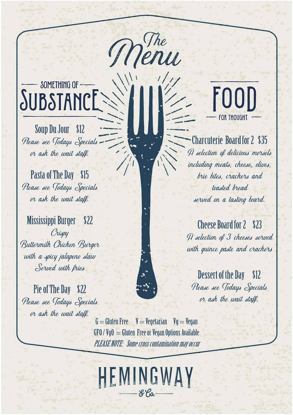 Menu at Hemingway & Co. pub & bar, Mundaring