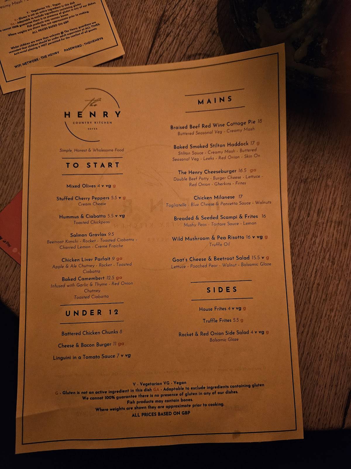 Menu at King Henry Ⅷ pub & bar, Hever