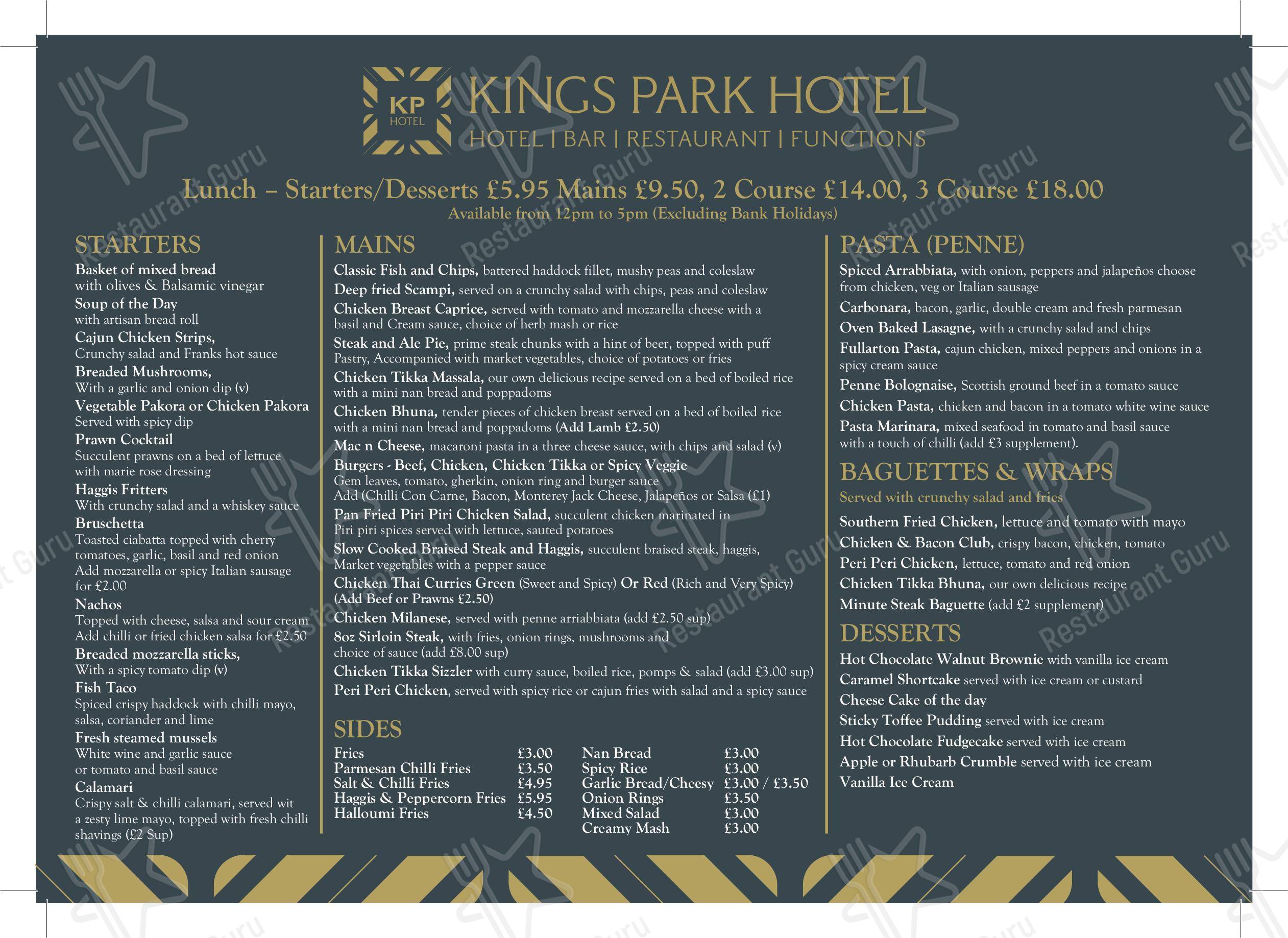 Menu at Kings Park Hotel pub & bar, Rutherglen