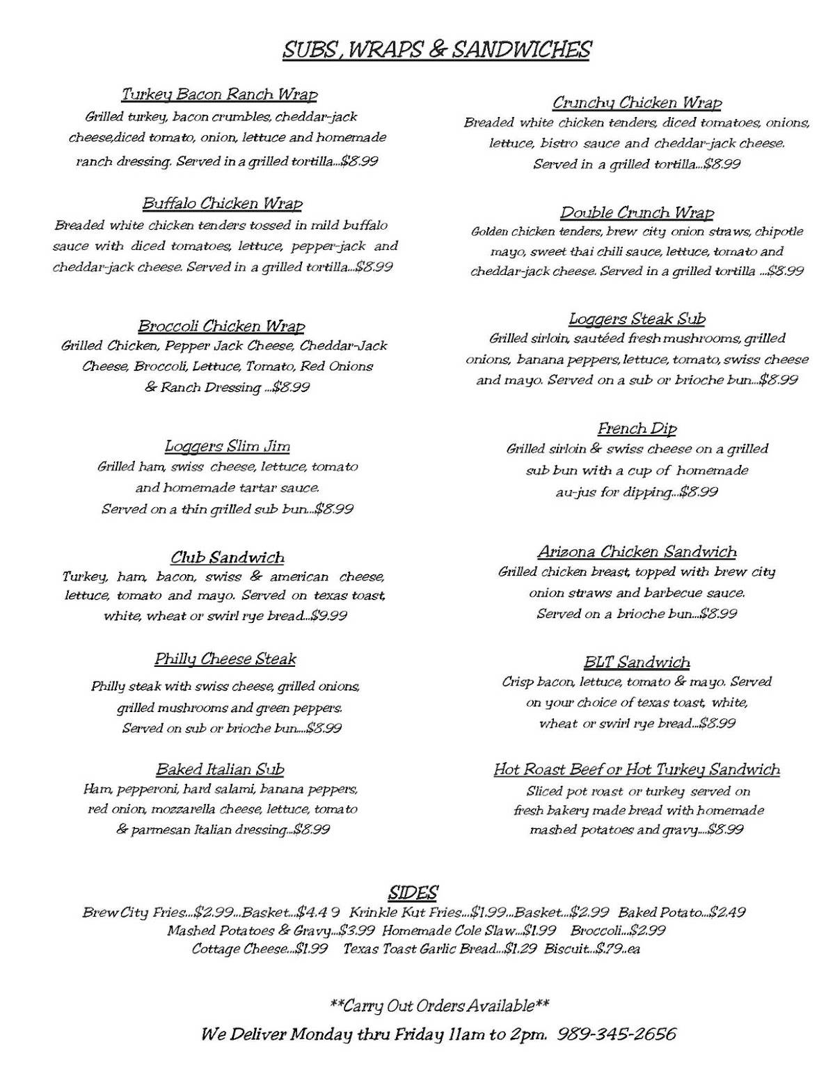 Menu at Logger's Depot pub & bar, West Branch