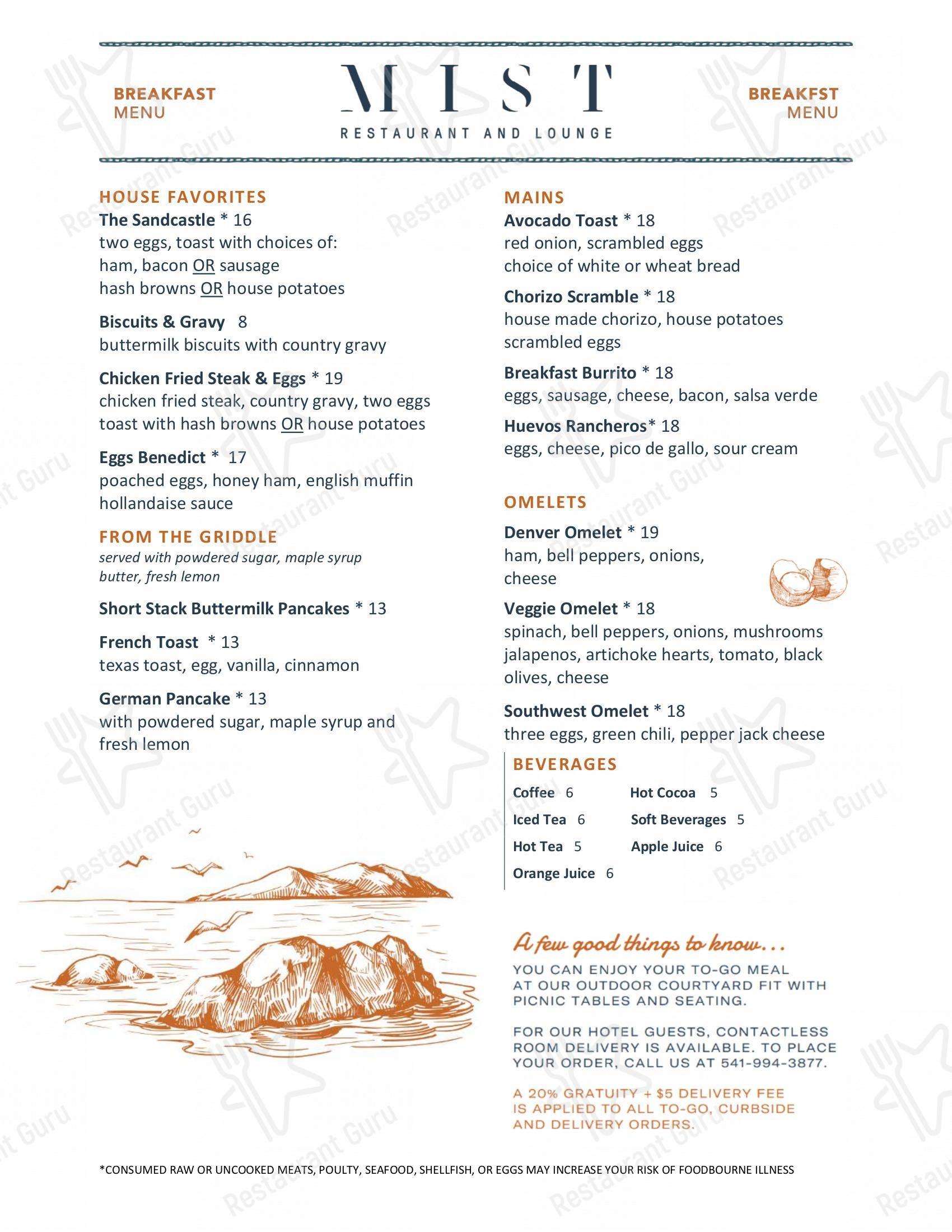 Menu at MIST Restaurant & Lounge, Lincoln City