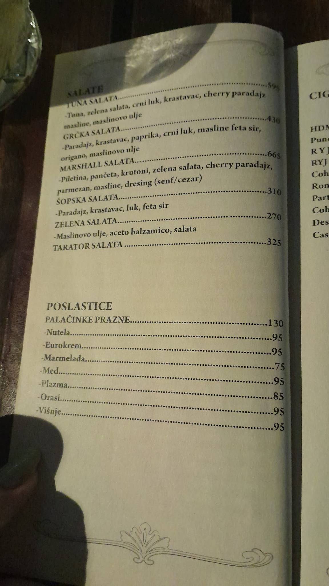 Menu at Marshall Pub, Belgrade, Ćirila i Metodija 2