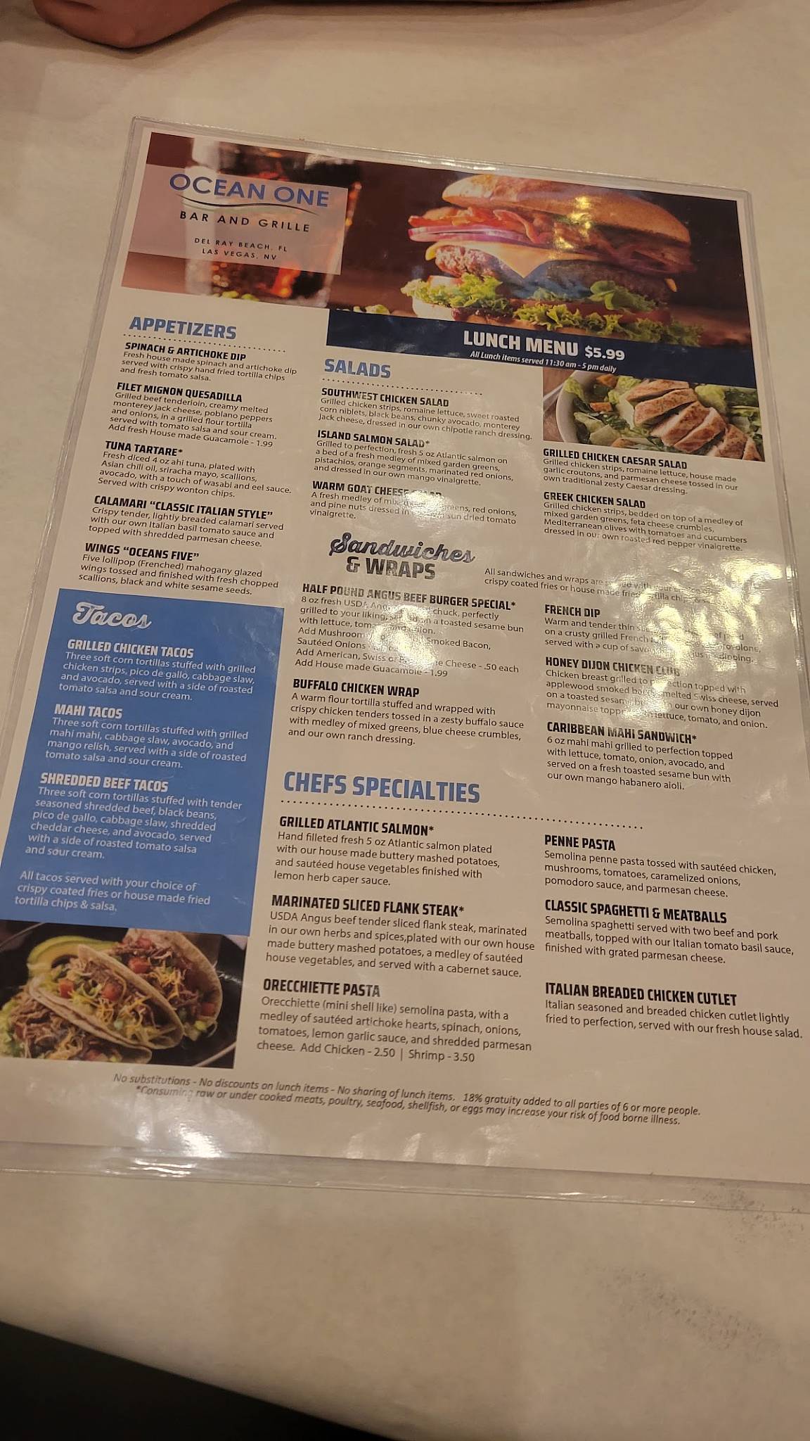 Menu at Ocean One Bar & Grille, Las Vegas