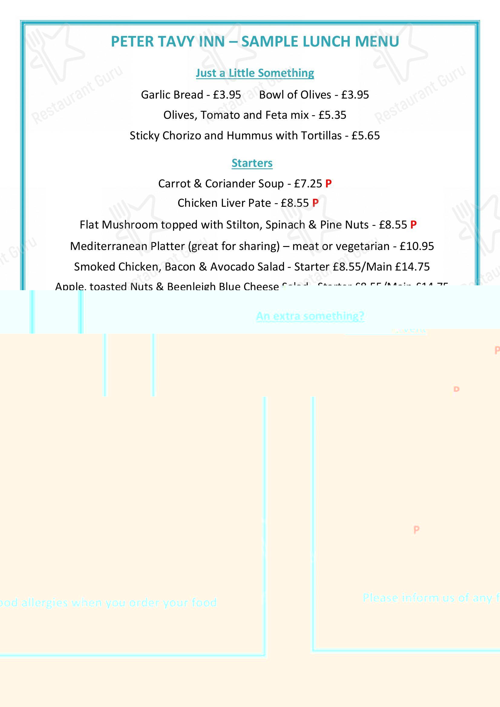 Menu at Peter Tavy Inn pub & bar, Peter Tavy, Near Tavistock