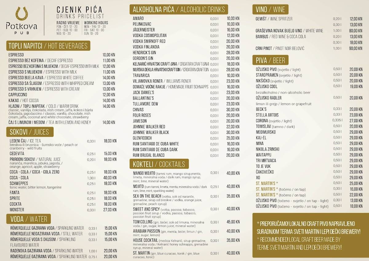 Menu at Pub Potkova, Gradiščak