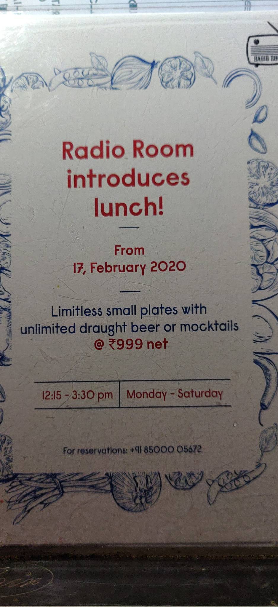 Menu at Radioroom, Chennai
