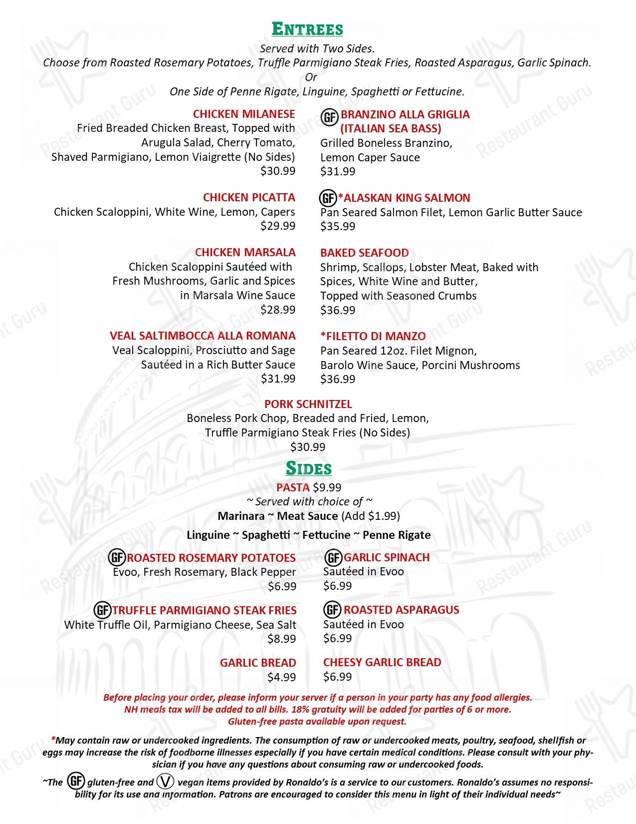 Menu at Ronaldo's Ristorante pub & bar, North Hampton