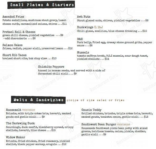Menu at Roosevelt's pub & bar, Tulsa