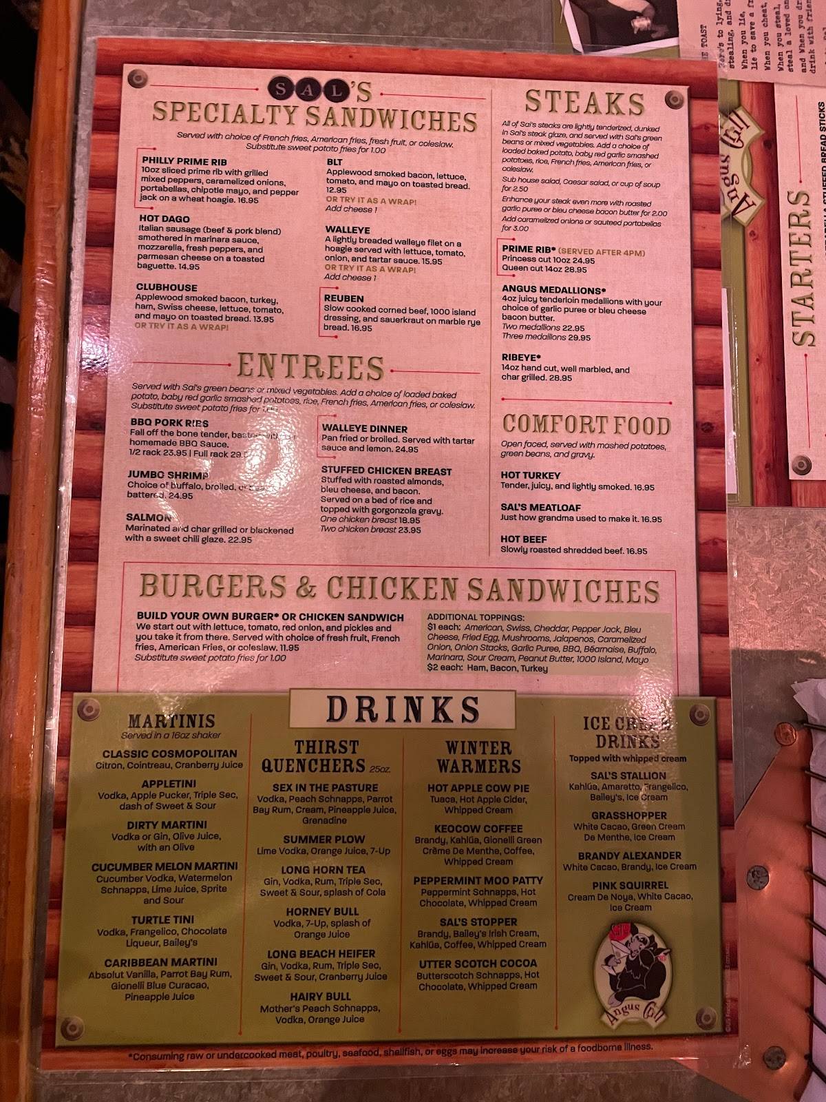 Menu at Sal's Angus Grill pub & bar, Grant