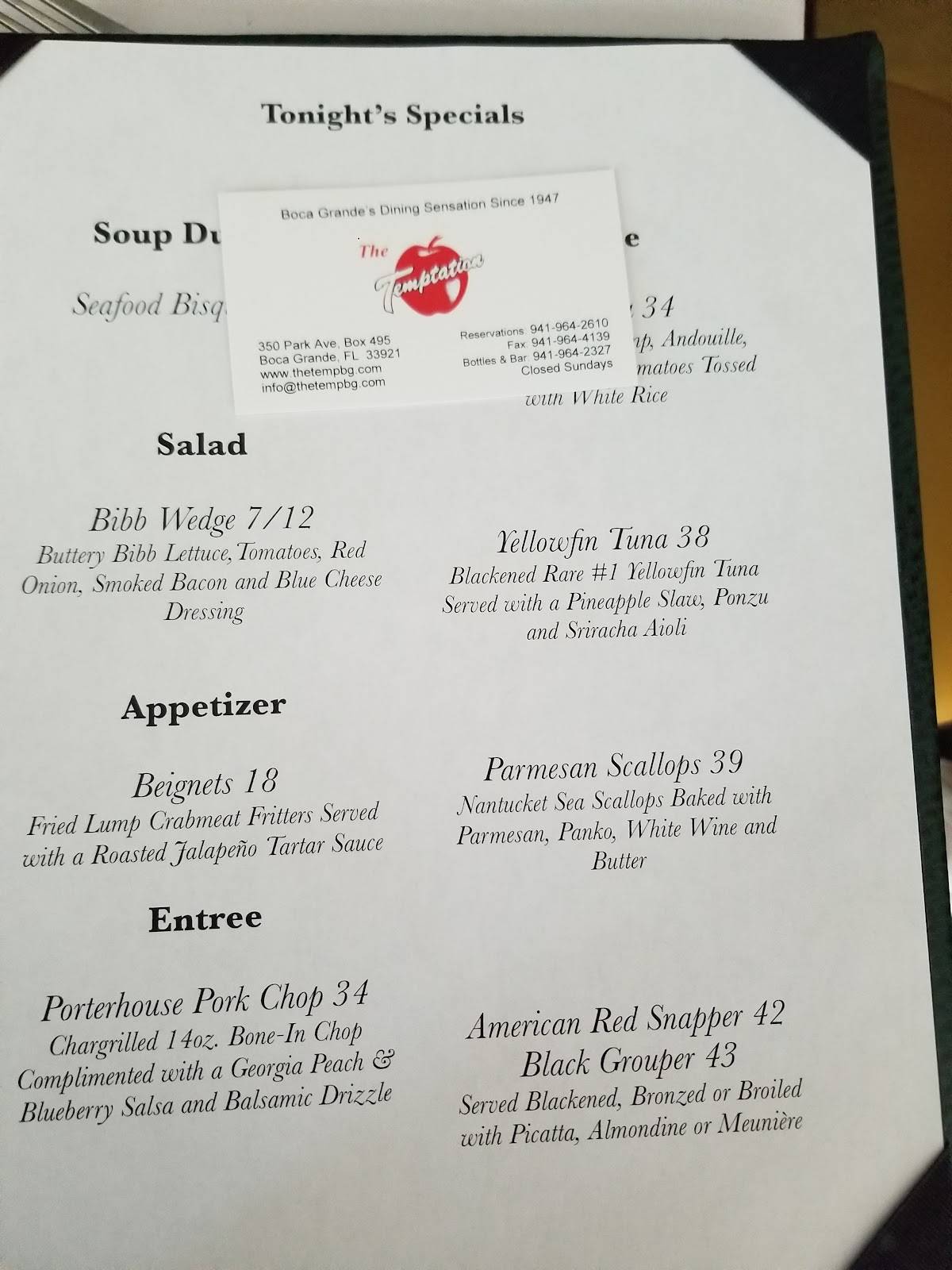 Menu at Temptation Restaurant, Boca Grande