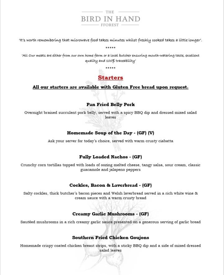 Menu at The Bird In Hand pub & bar, Fforest, 24 Carmarthen Rd