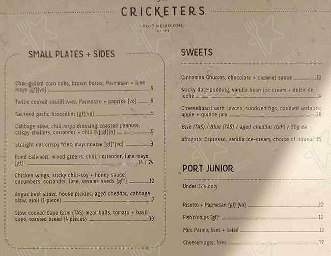 Menu at The Cricketers Port Melbourne pub & bar, Port Melbourne