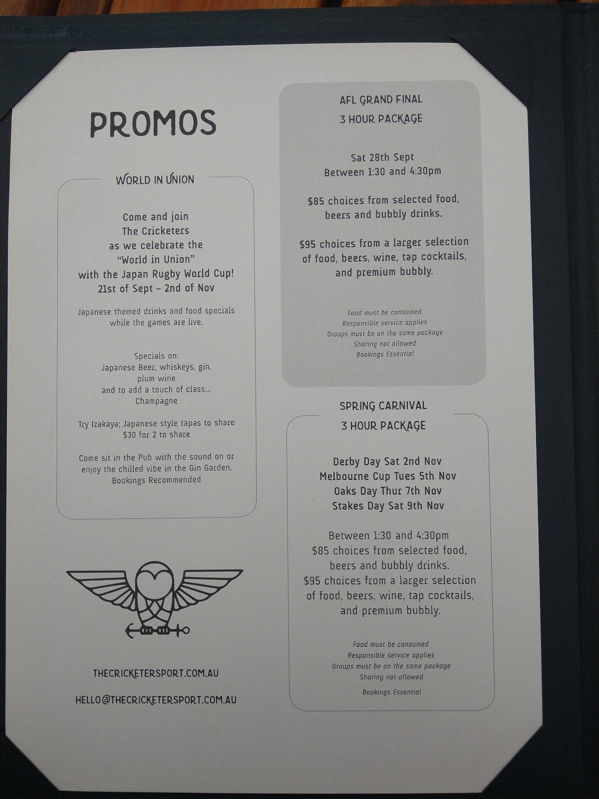 Menu at The Cricketers Port Melbourne pub & bar, Port Melbourne