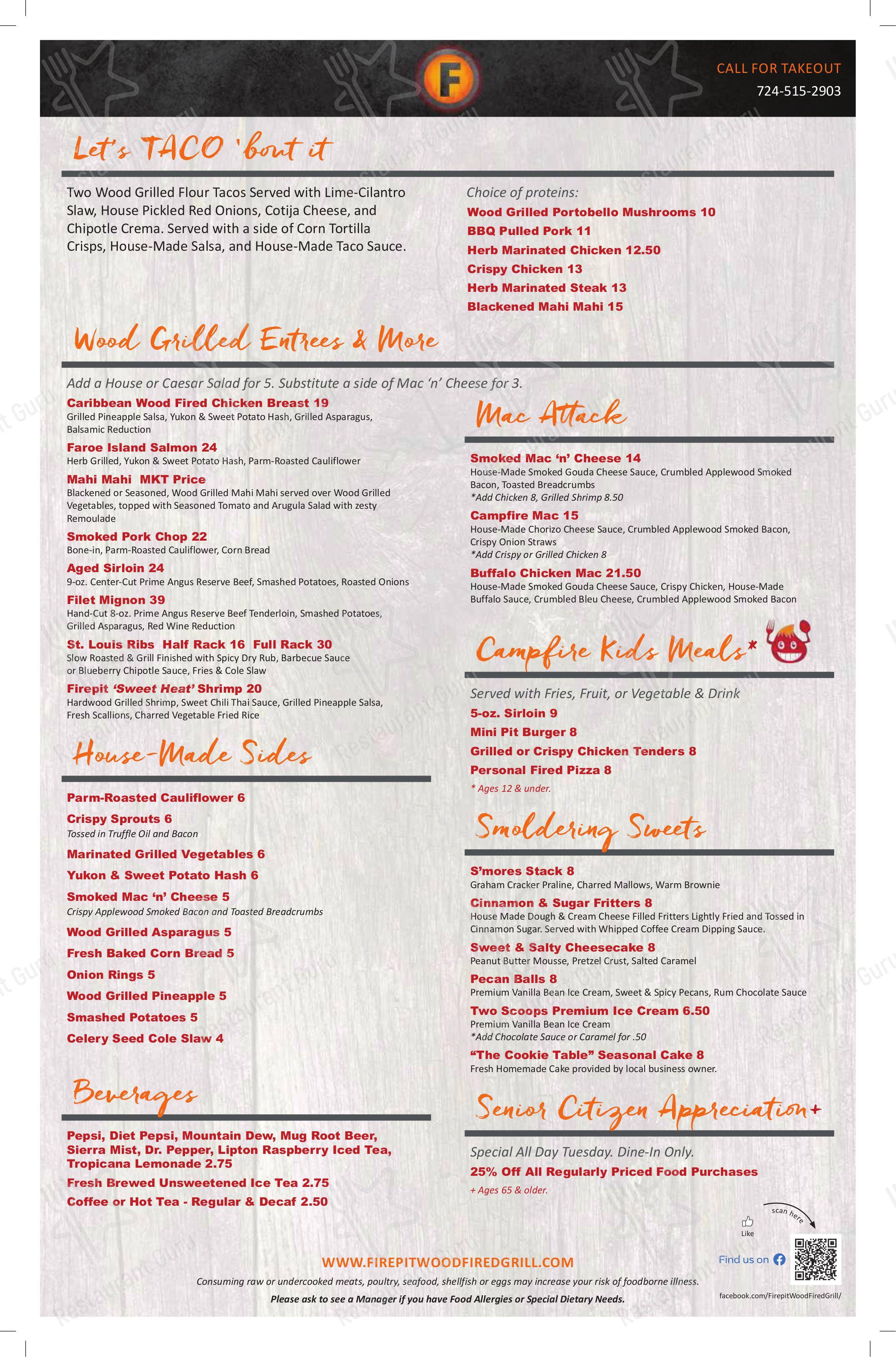 Menu at The Firepit Wood Fired Grill pub & bar, Irwin