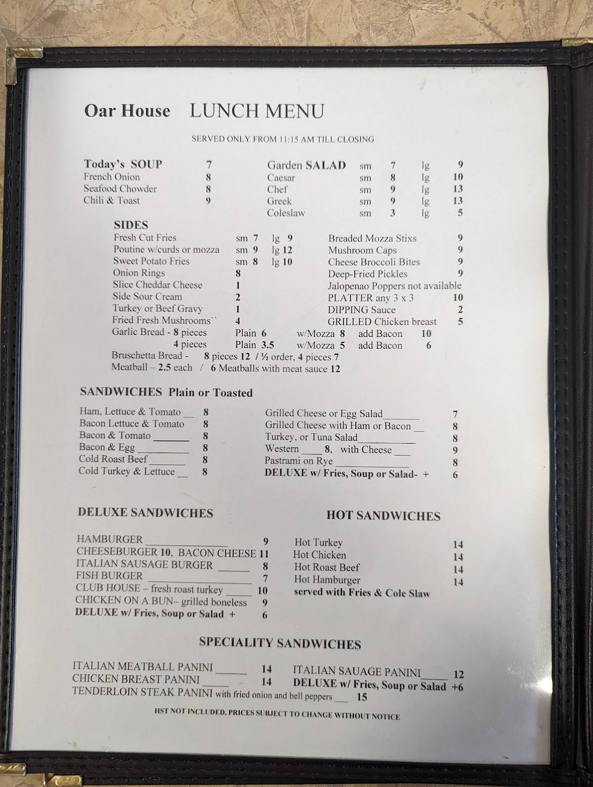 Menu at The Oar House pub & bar, Marathon