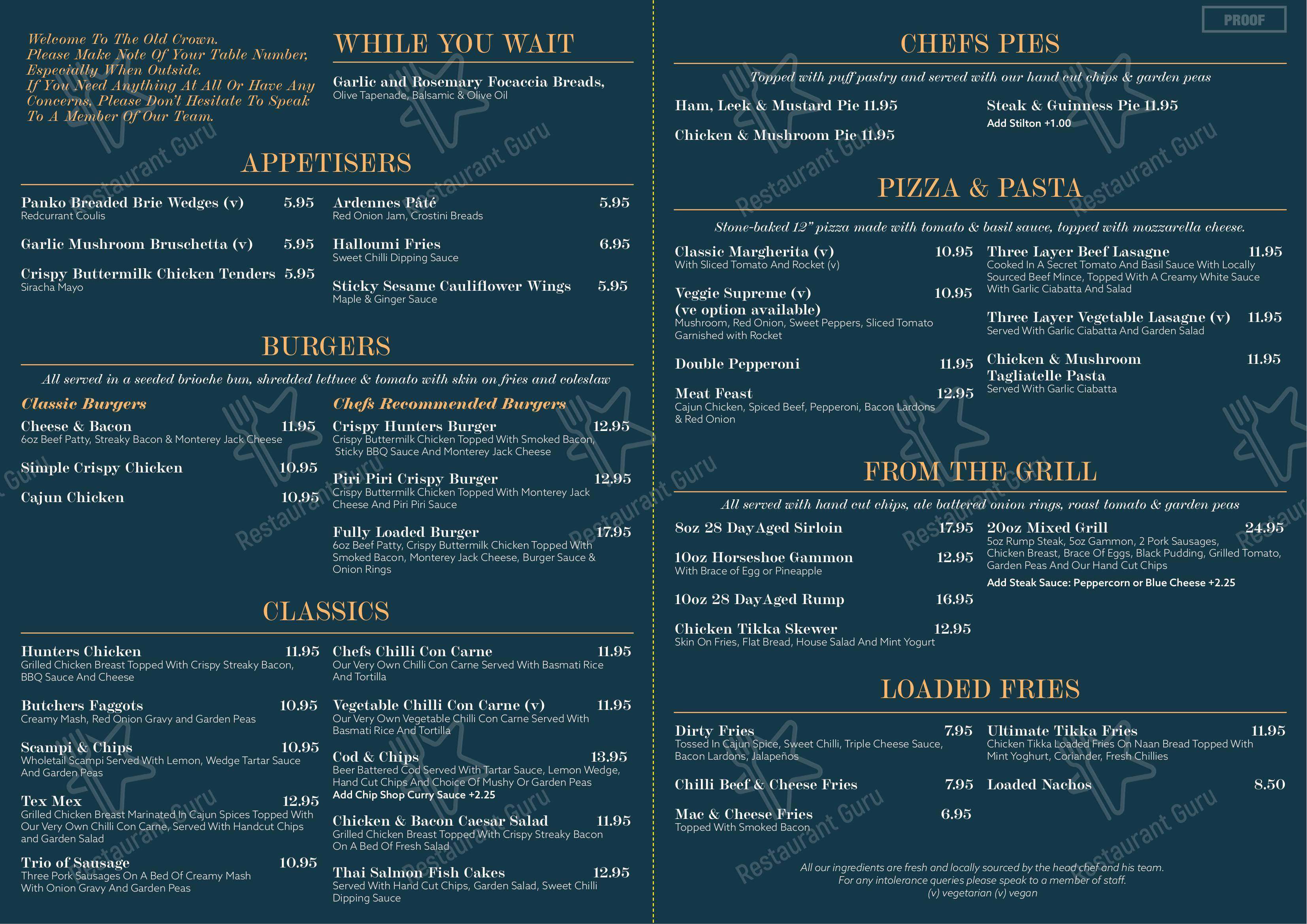 Menu at The Old Crown pub & bar, Coventry, 466 Aldermans Green Rd