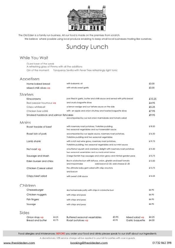 Menu at The Old Eden pub & bar, Edenbridge