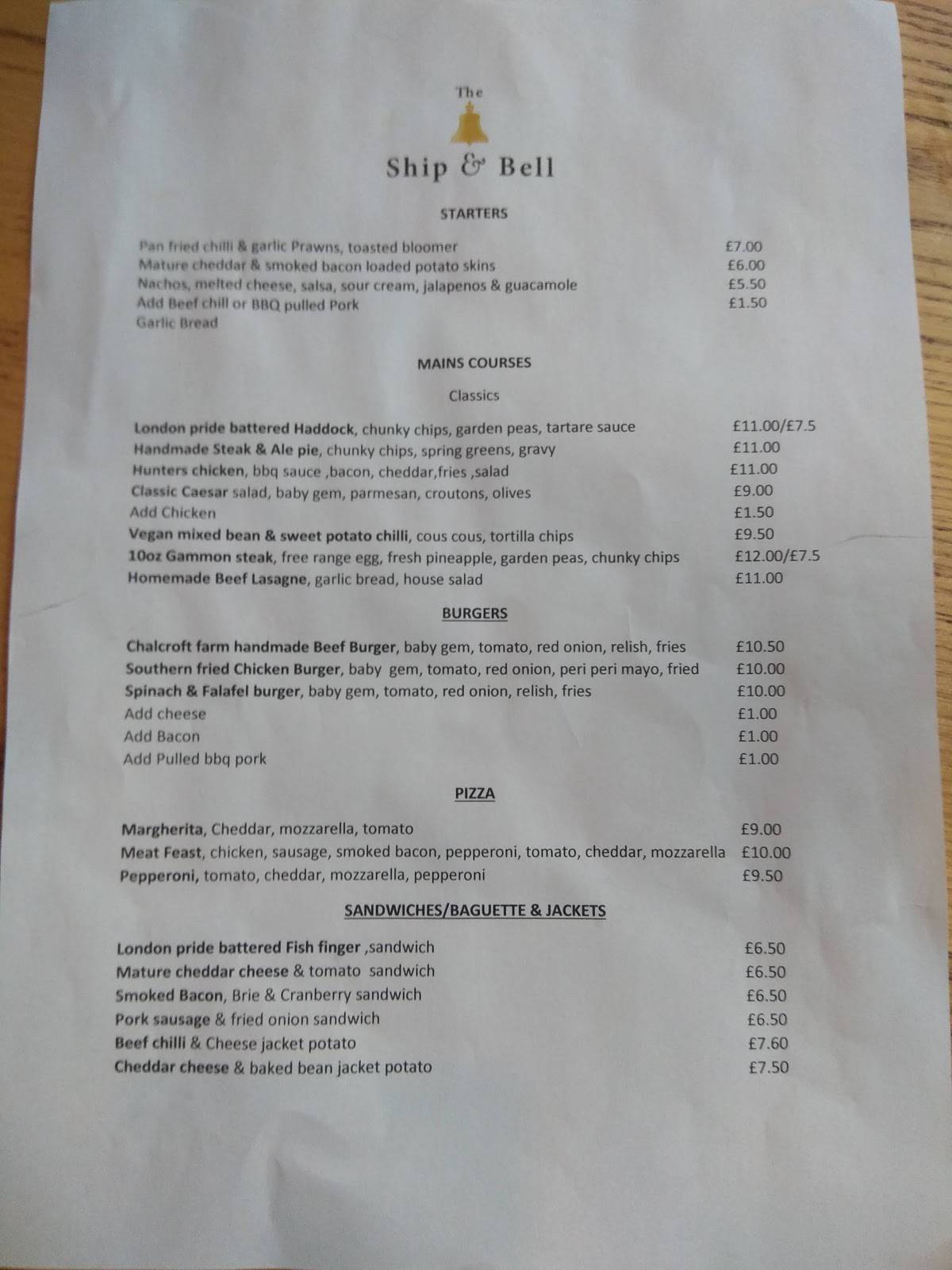 Menu at The Ship & Bell pub & bar, Waterlooville