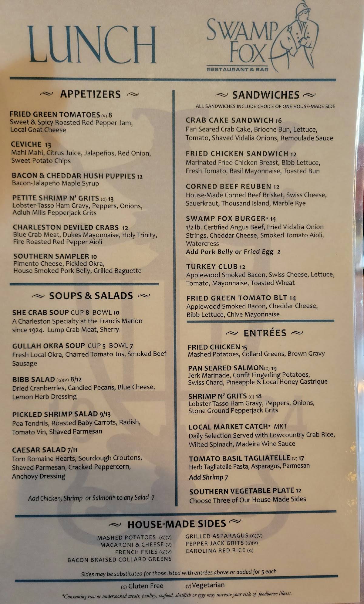 Menu at The Swamp Fox Restaurant, Charleston