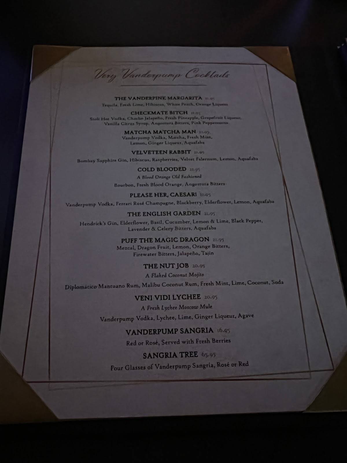 Menu at Vanderpump Cocktail Garden pub & bar, Las Vegas