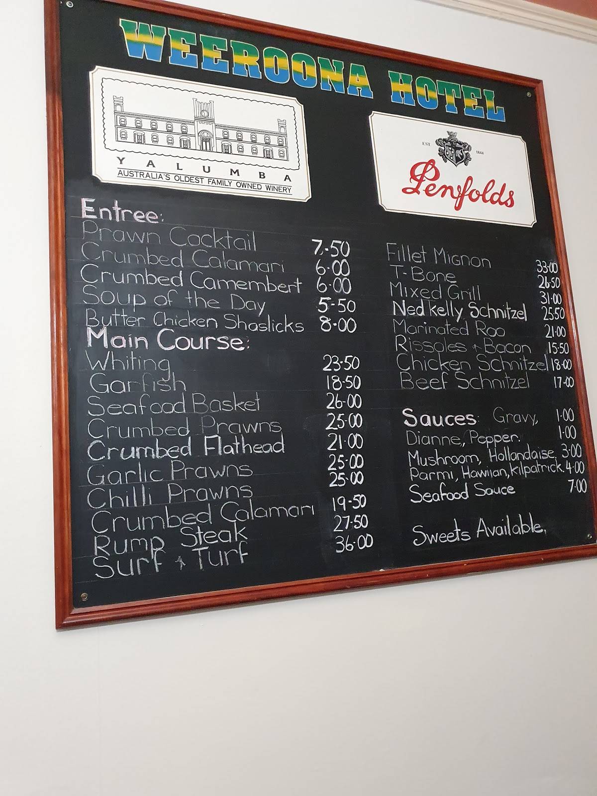 Menu at Weeroona Hotel pub & bar, Wallaroo