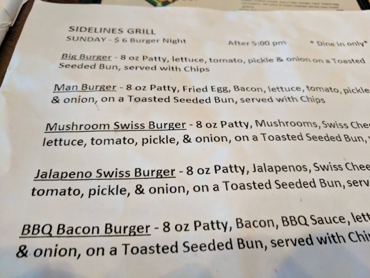 Menu at sidelines grill pub & bar, Pleasant View