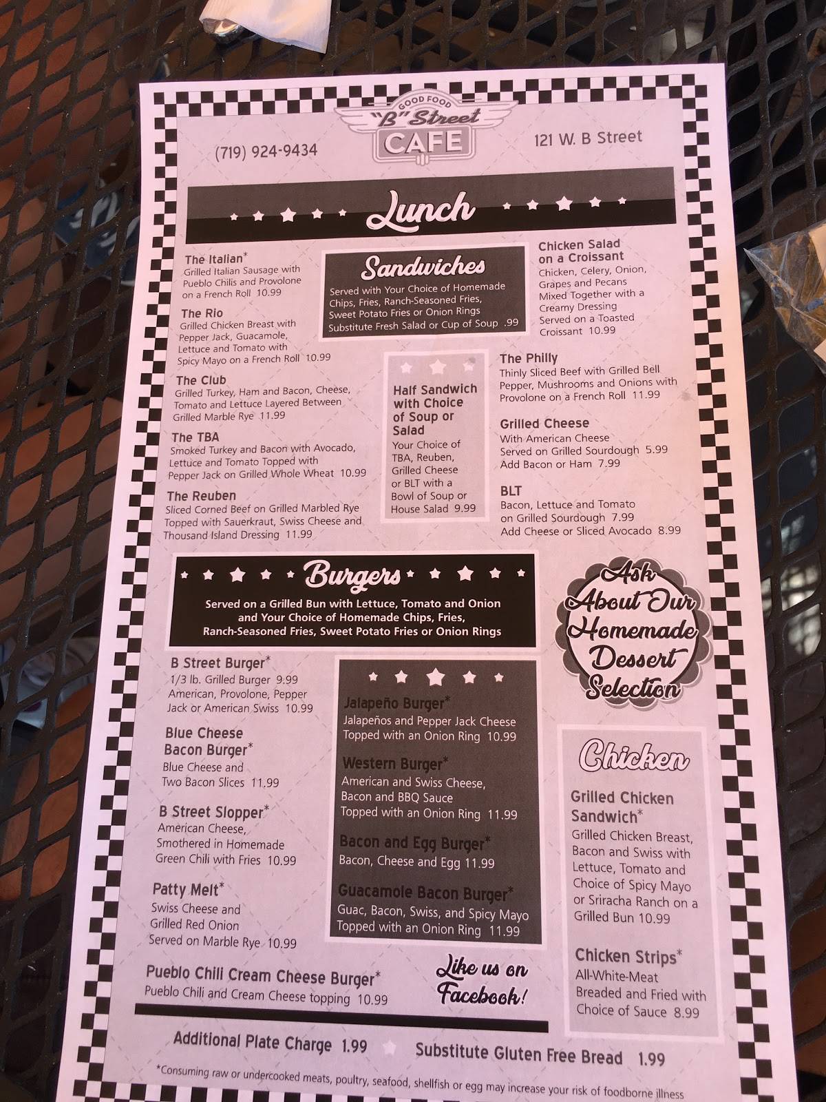 Menu at B Street Cafe, Pueblo