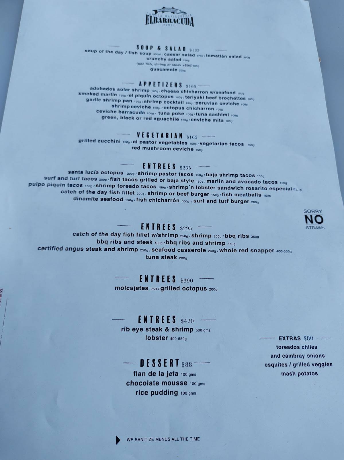 Menu at El Barracuda Punta de Mita, Punta de Mita