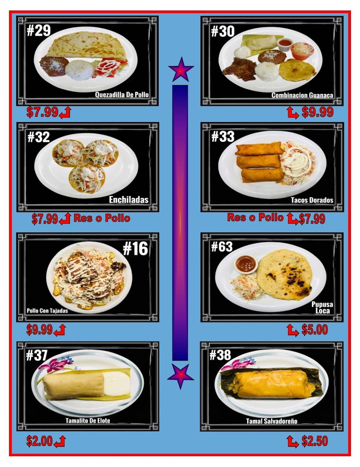 Menu at Pupuseria Centroamericana restaurant, Tampa