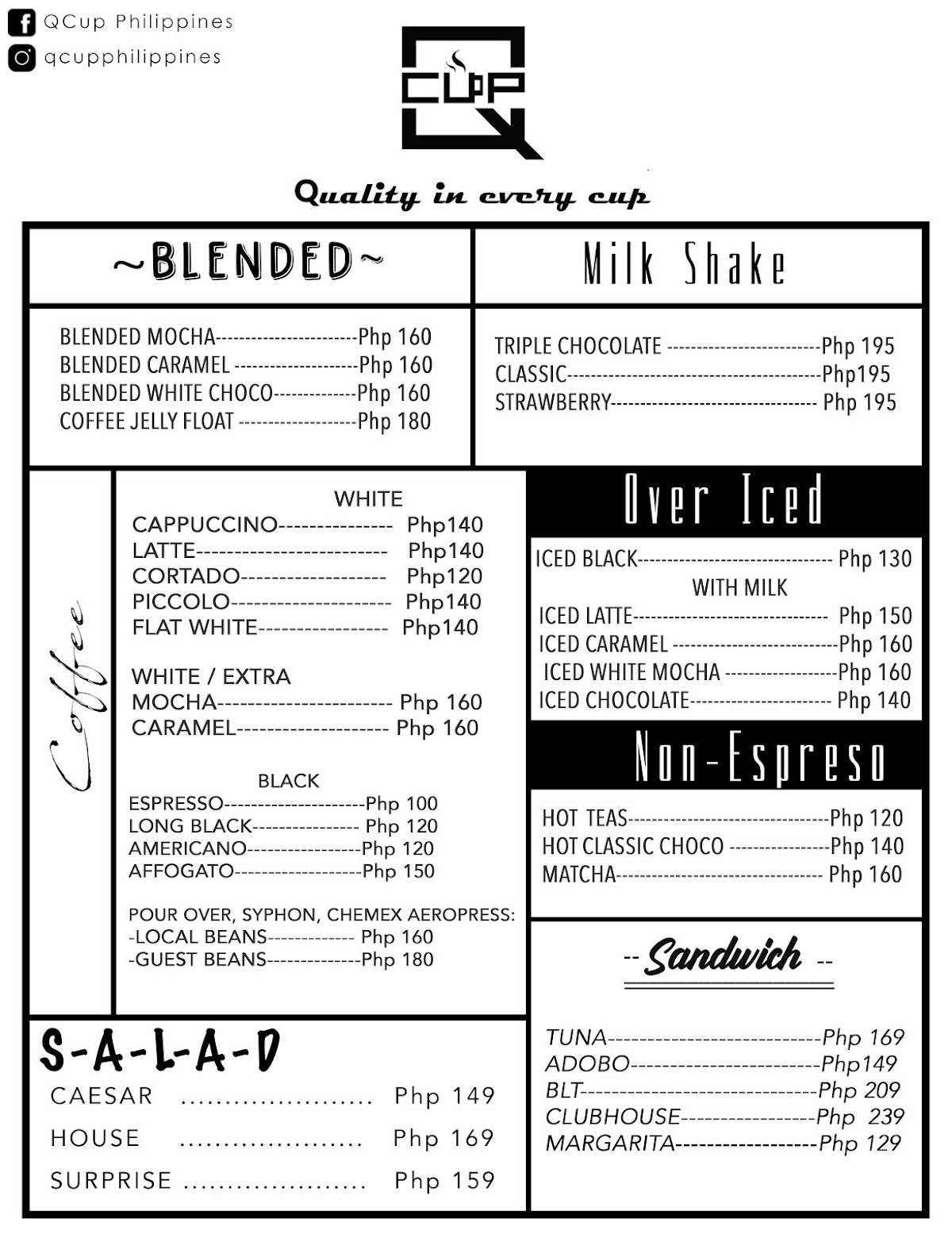 Menu at Q Cup Philippines restaurant, Quezon City, 17 West Ave