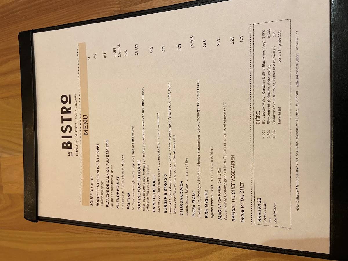 Menu at Le Bistro restaurant, Québec City, 690 Bd René-Lévesque E