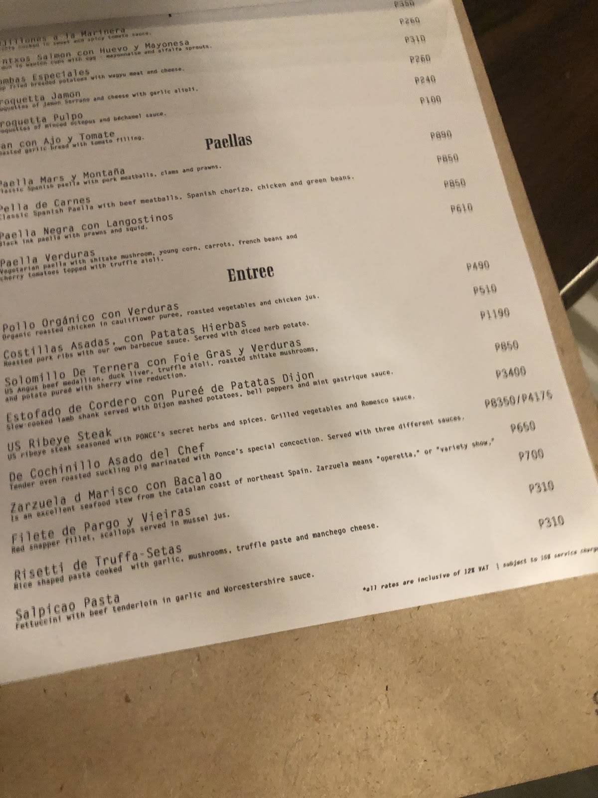 Menu at Ponce restaurant, Quezon City