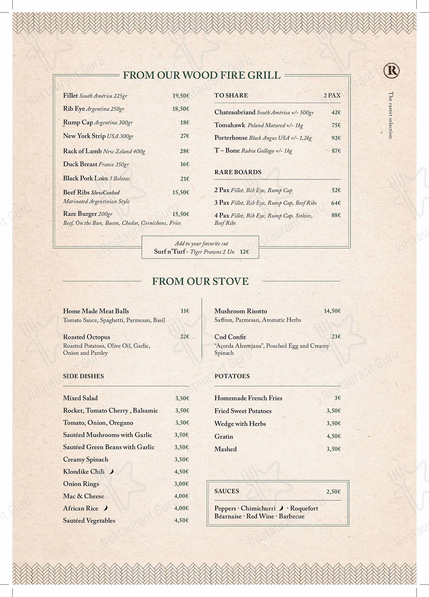 Menu at Rare steakhouse, Quarteira