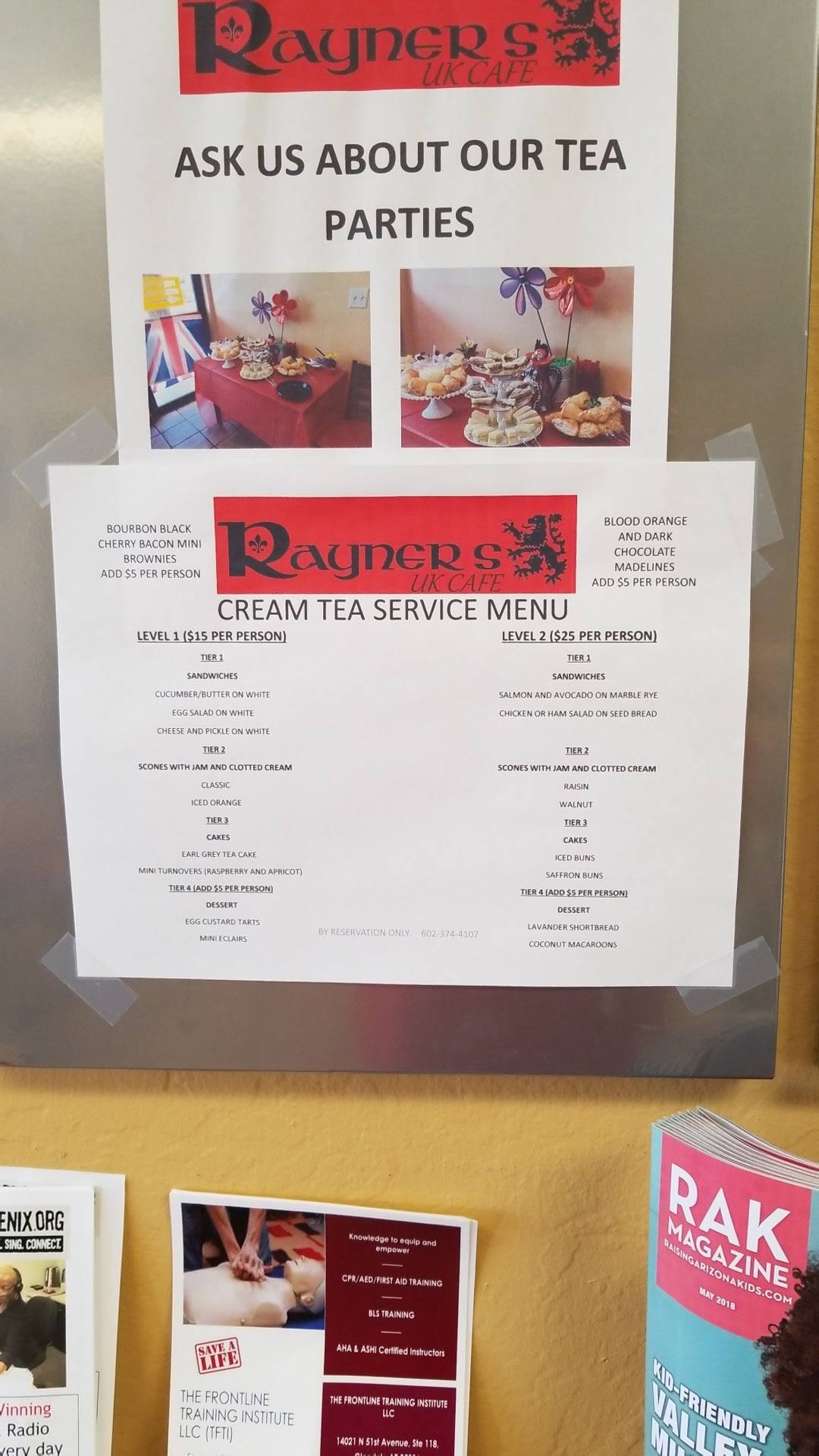 Menu at Rayners UK Cafe, Glendale