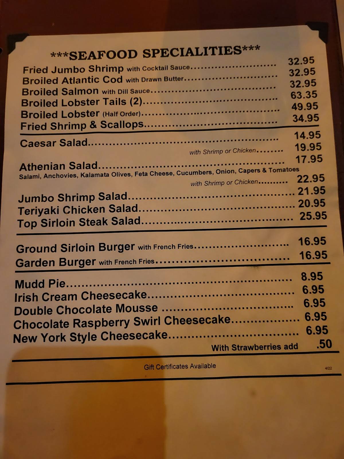 Menu at Red Fox Room and Steakhouse, San Diego