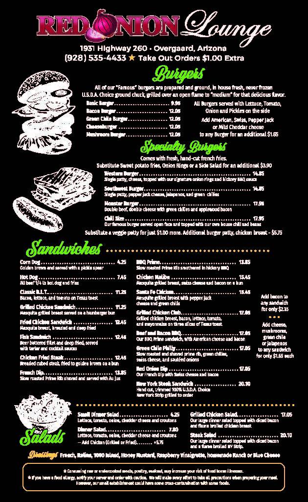 Menu at Red Onion Bar & Grill, Heber-Overgaard, AZ-260