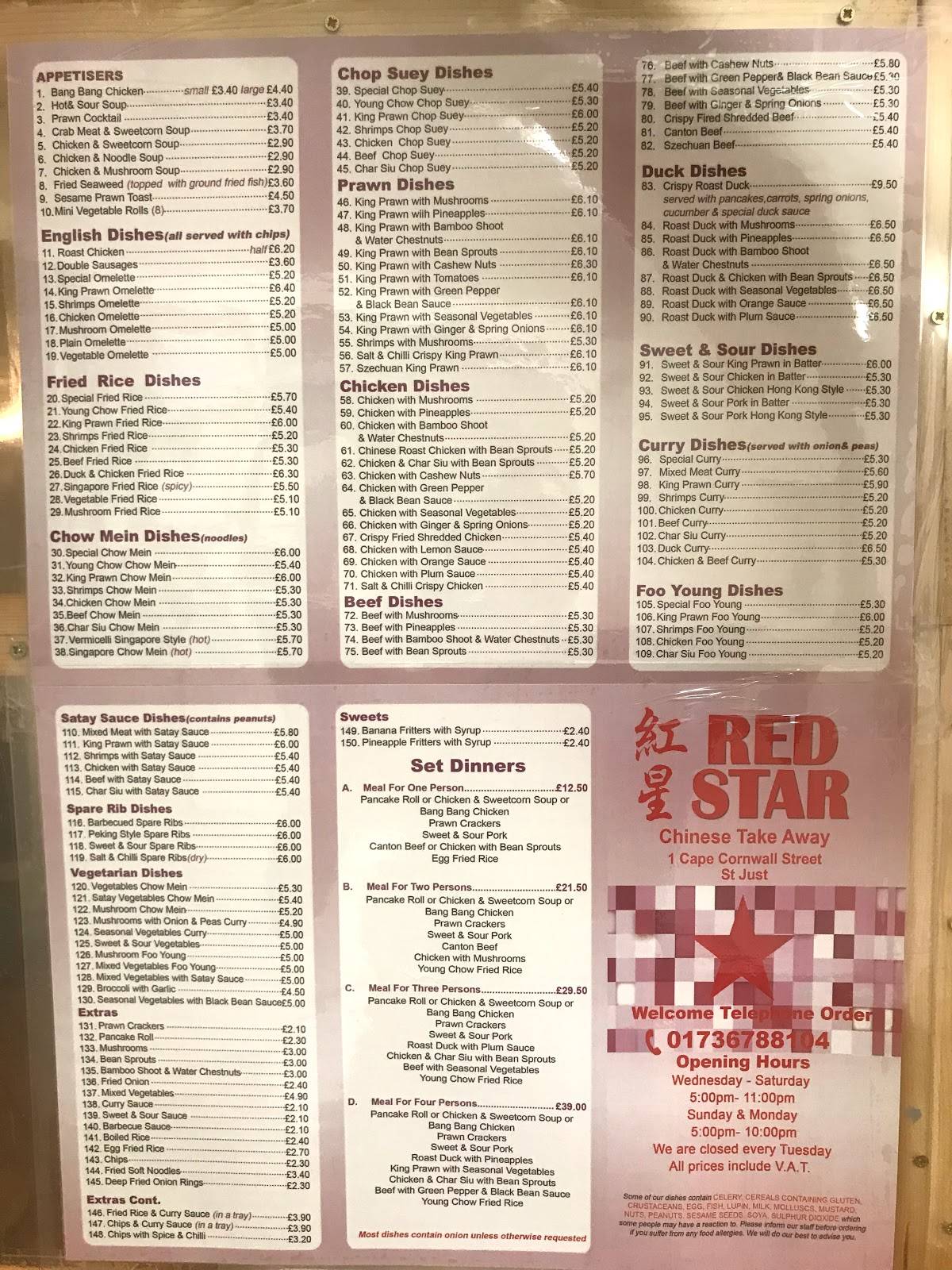 Menu at Red Star fast food, Pendeen