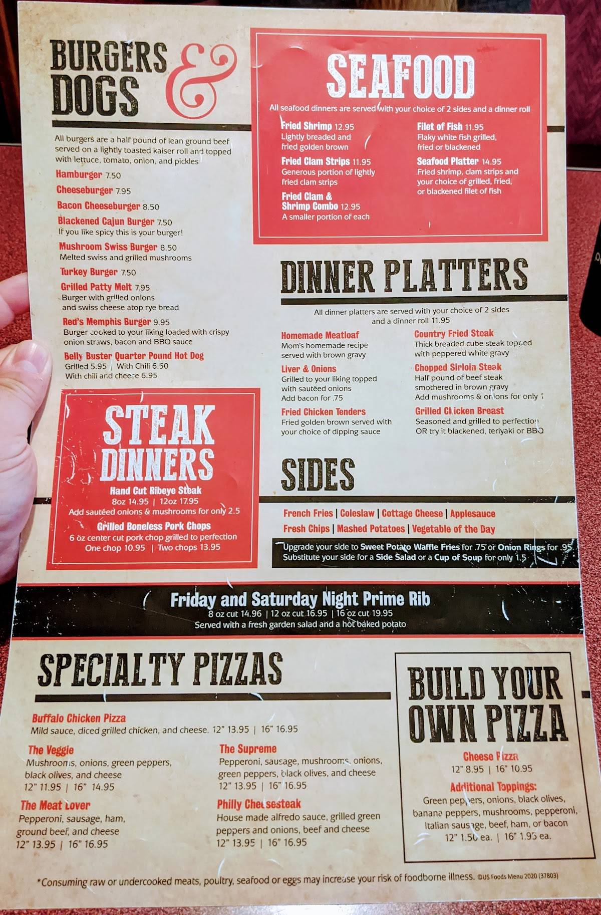 Menu at Red's Ale House on Peavine pizzeria, Fairfield Glade