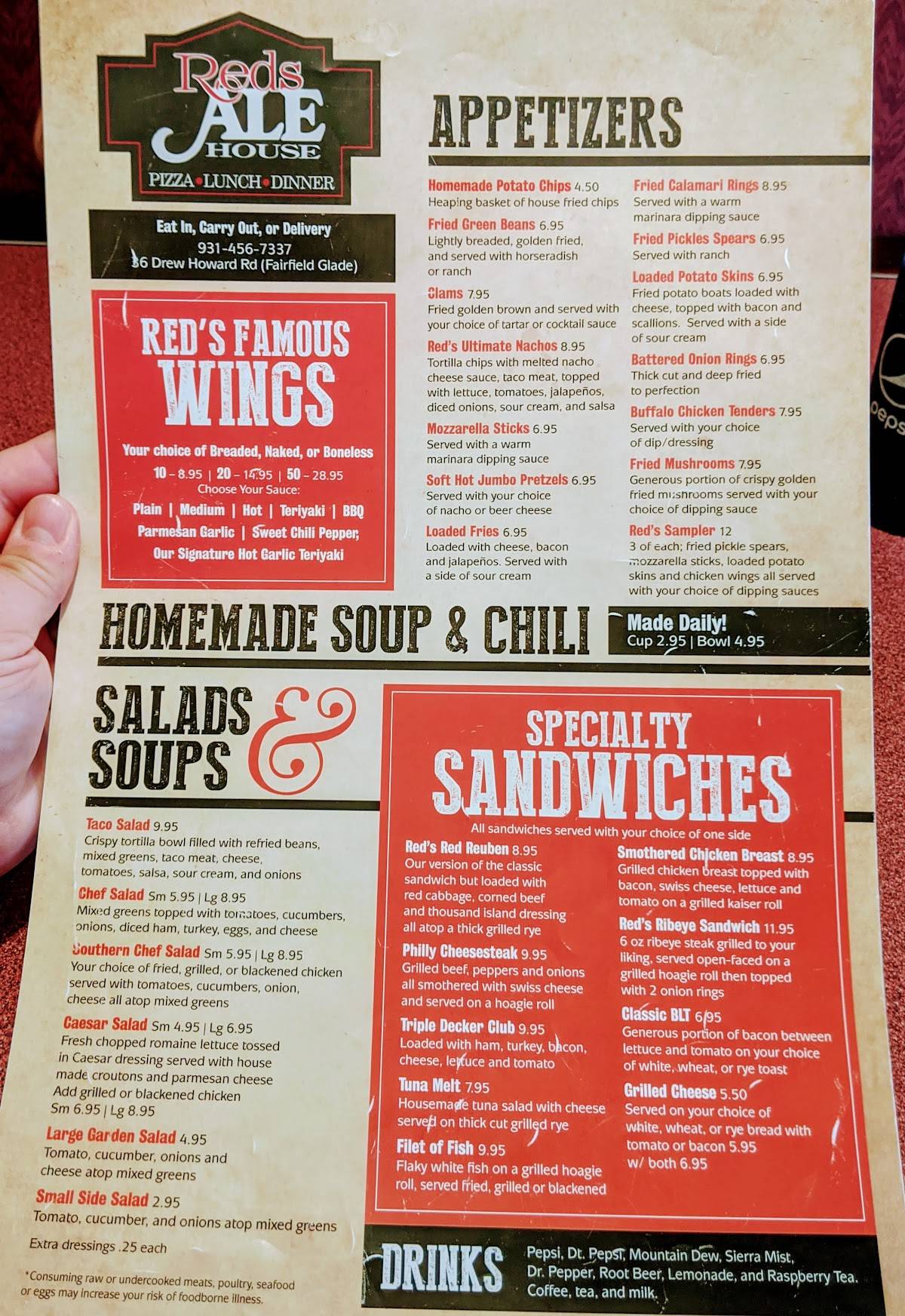 Menu at Red's Ale House on Peavine pizzeria, Fairfield Glade