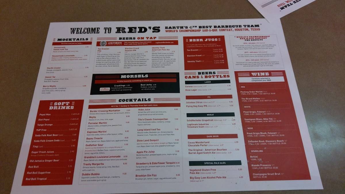 Carta de Red's True Barbecue, Liverpool