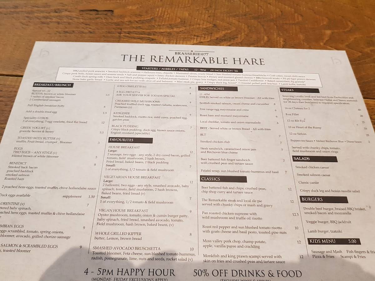 Menu at Remarkable Hare pub & bar, Matlock