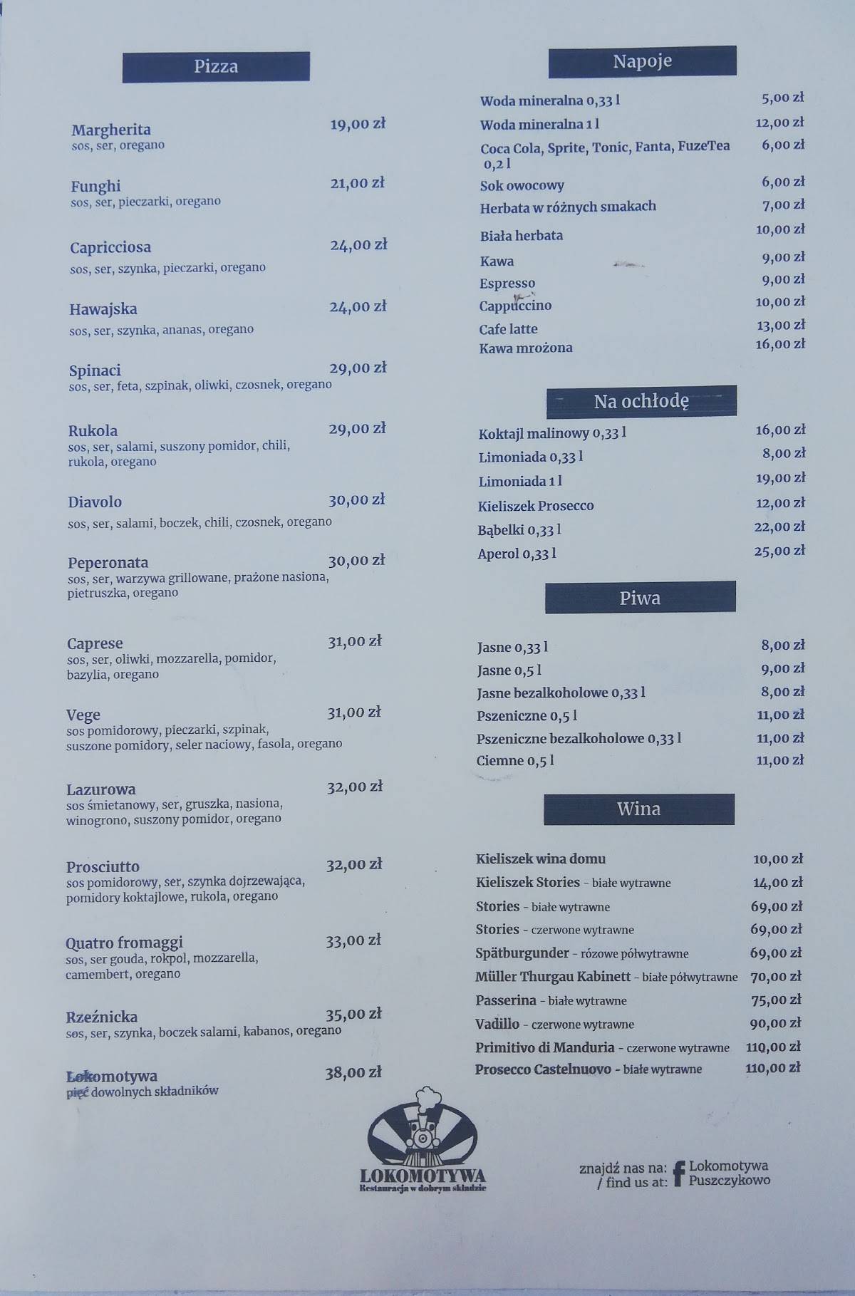Menu at Restauracja Lokomotywa restaurant, Puszczykowo