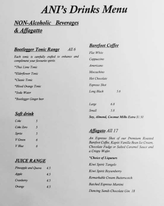 Menu at ANI's Gin Bar and Tapas, Rotorua