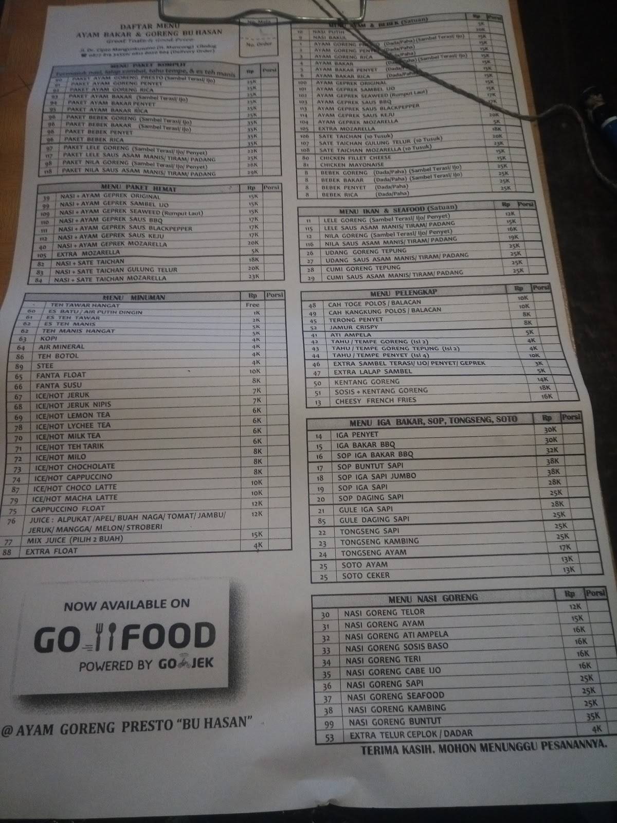 Menu at AYAM BAKAR & GORENG BU HASAN restaurant, Tangerang