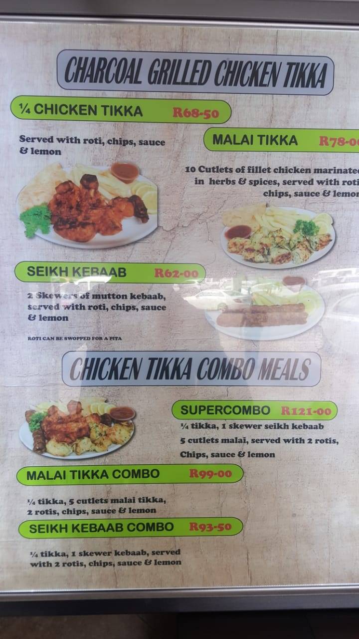 Menu at Al-Sameer's restaurant, Durban