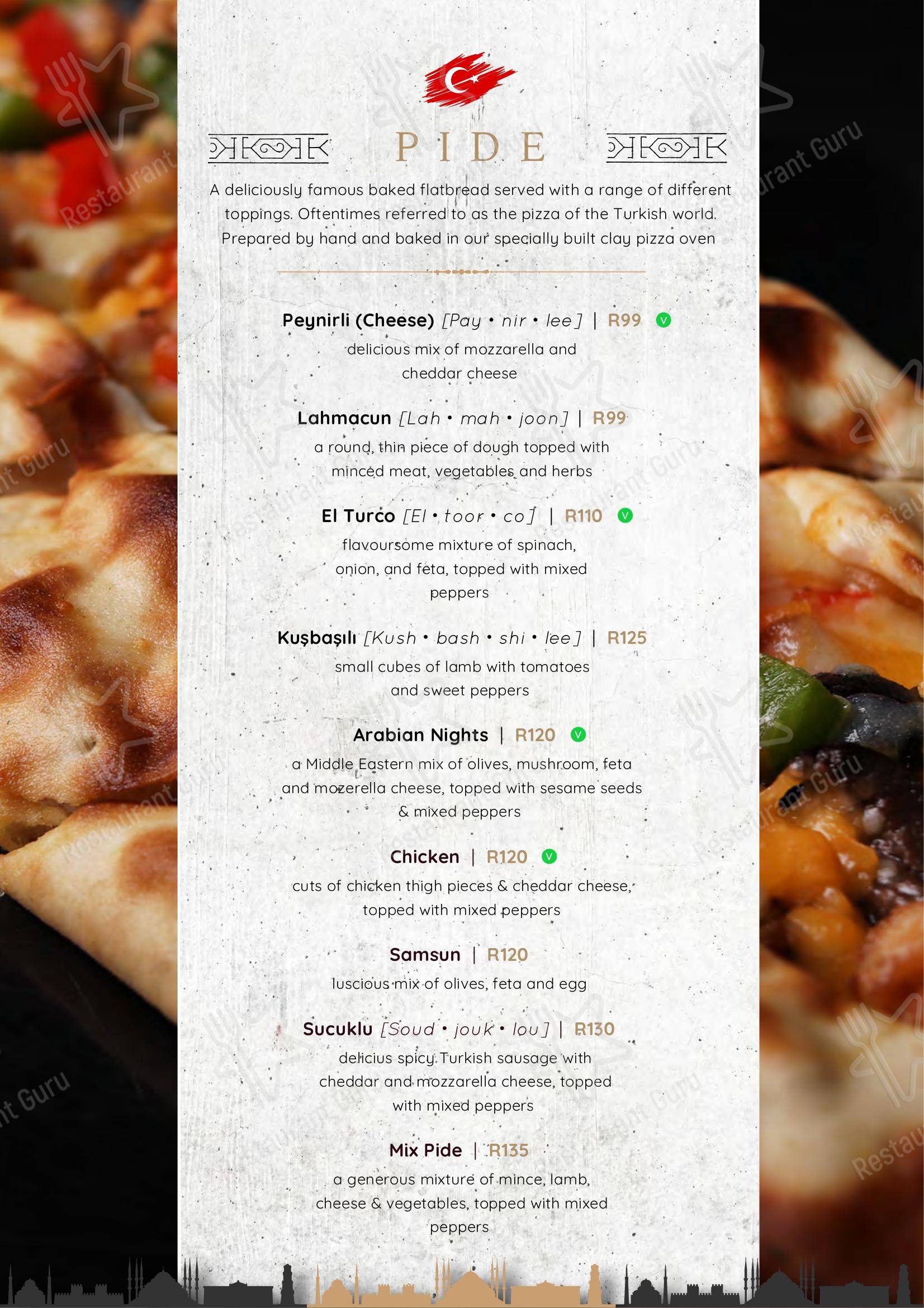 Menu at Ala Turkish restaurant, Cape Town