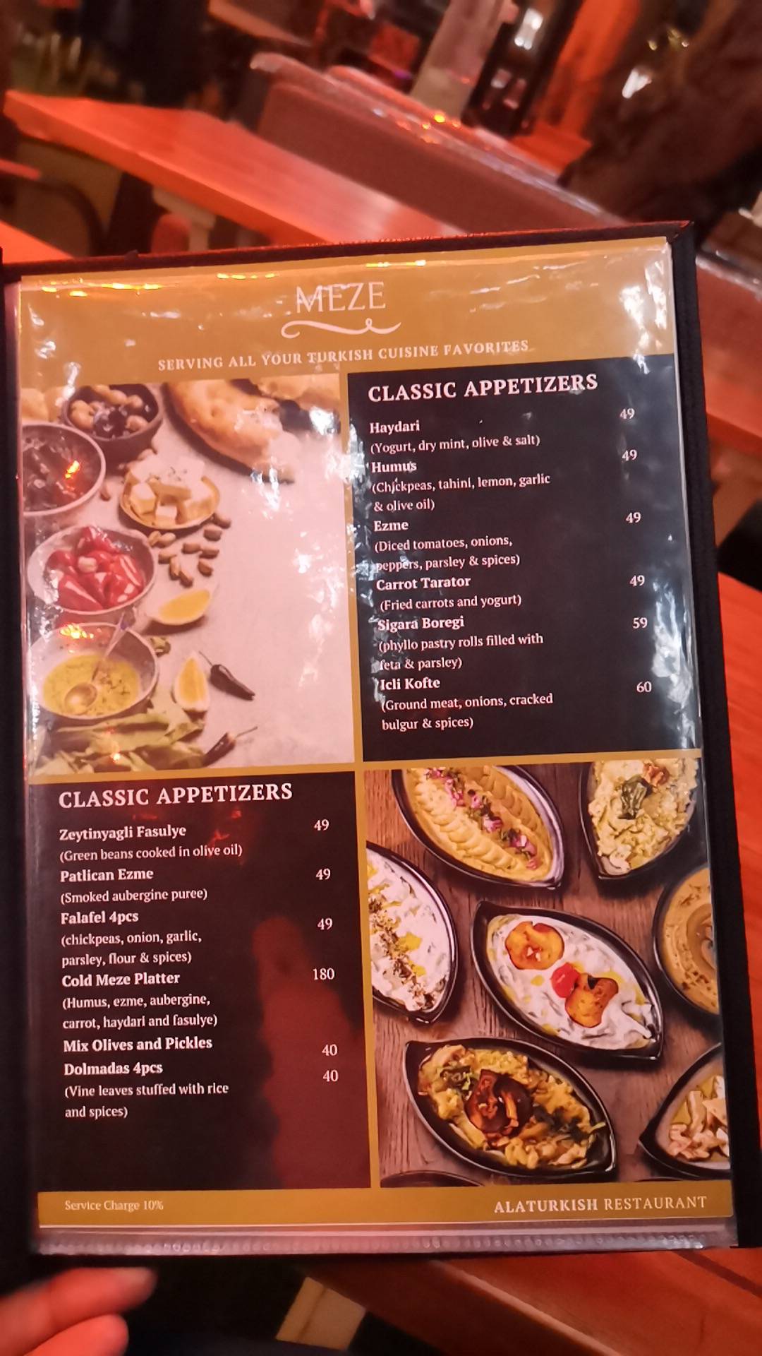 Menu at Ala Turkish restaurant, Cape Town
